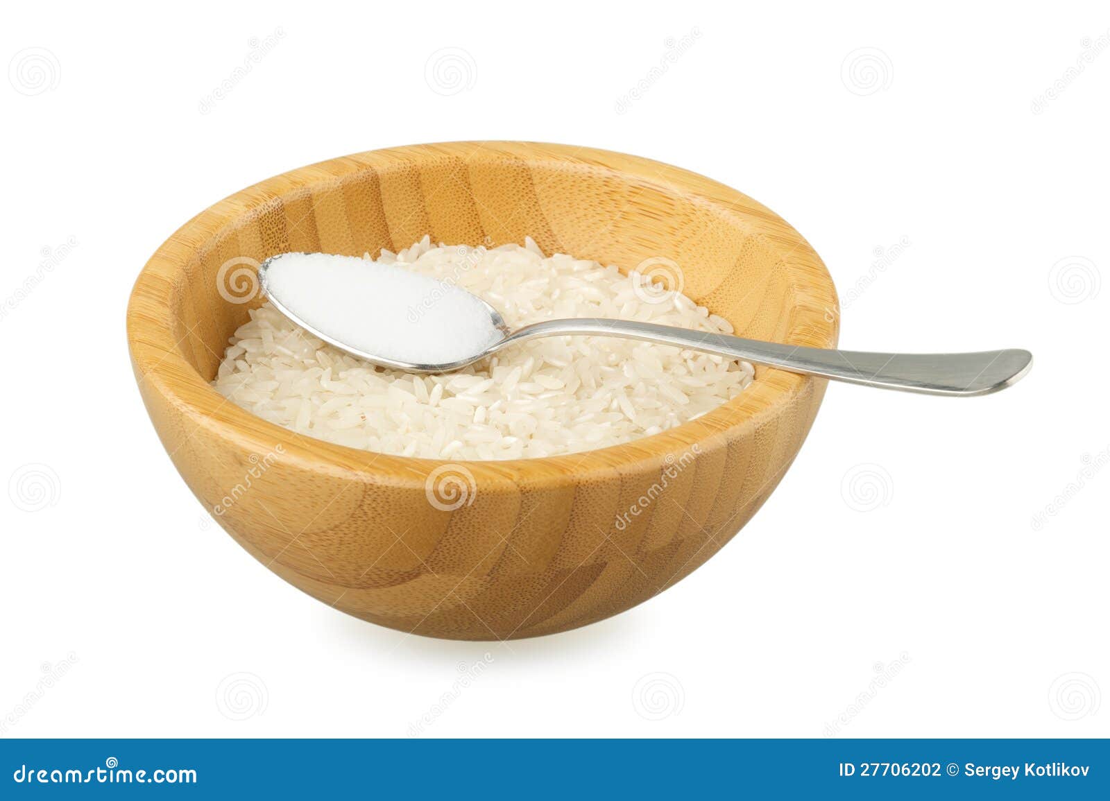 Bamboo Bowl with Rice and Steel Spoon with Salt Stock Photo - Image of ...