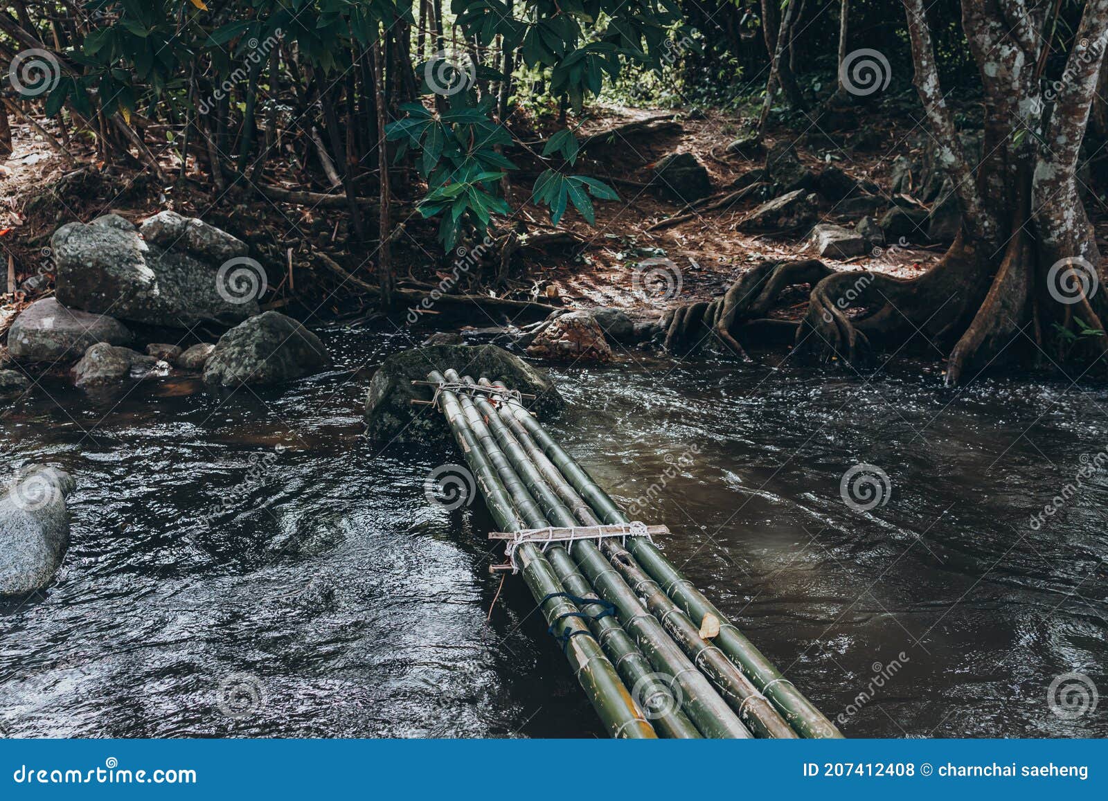 Bamboo Bridge Cross the Water in Waterfall. Nature and Relax Time ...