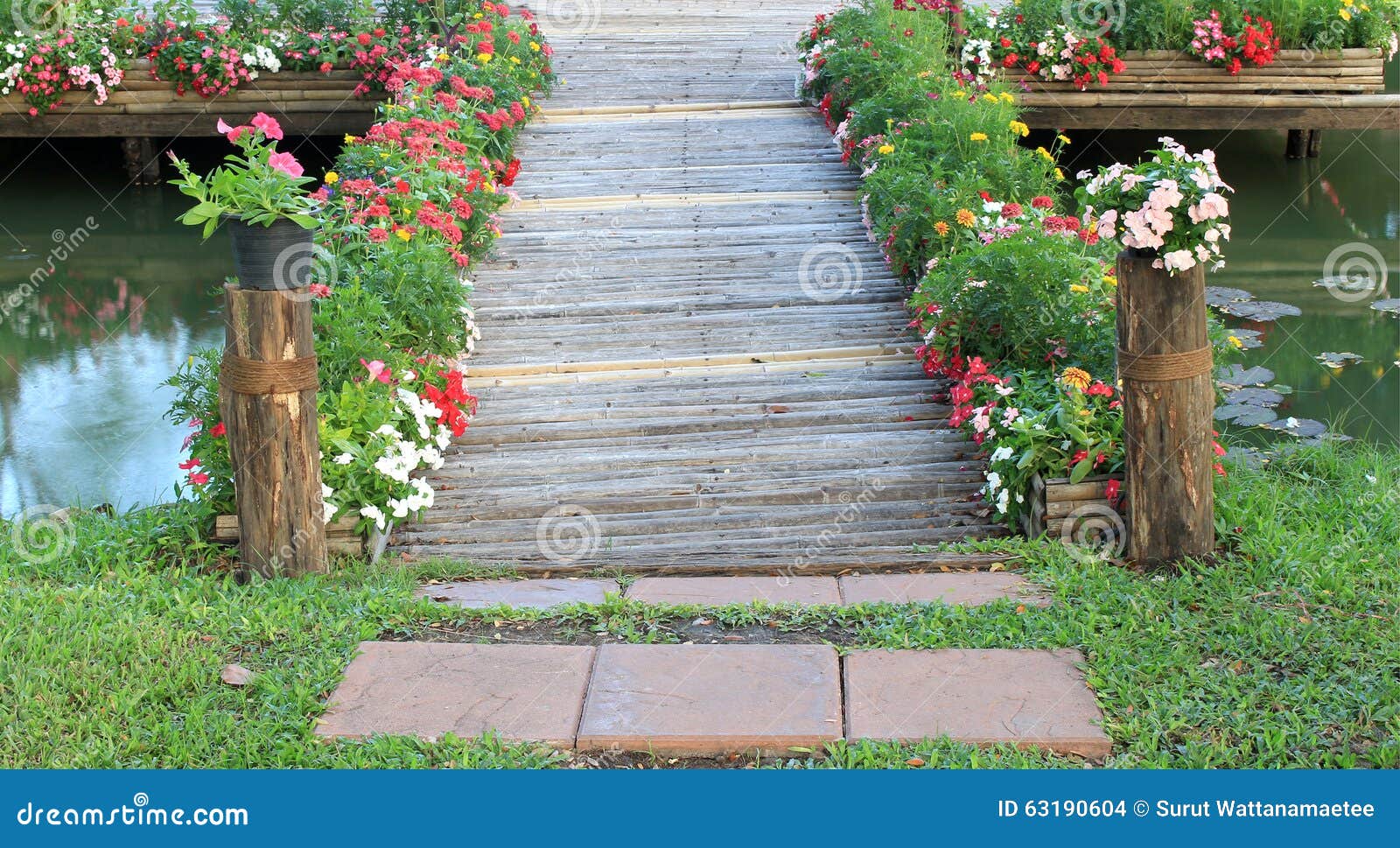 Bamboo bridge with flower stock photo. Image of lake - 63190604