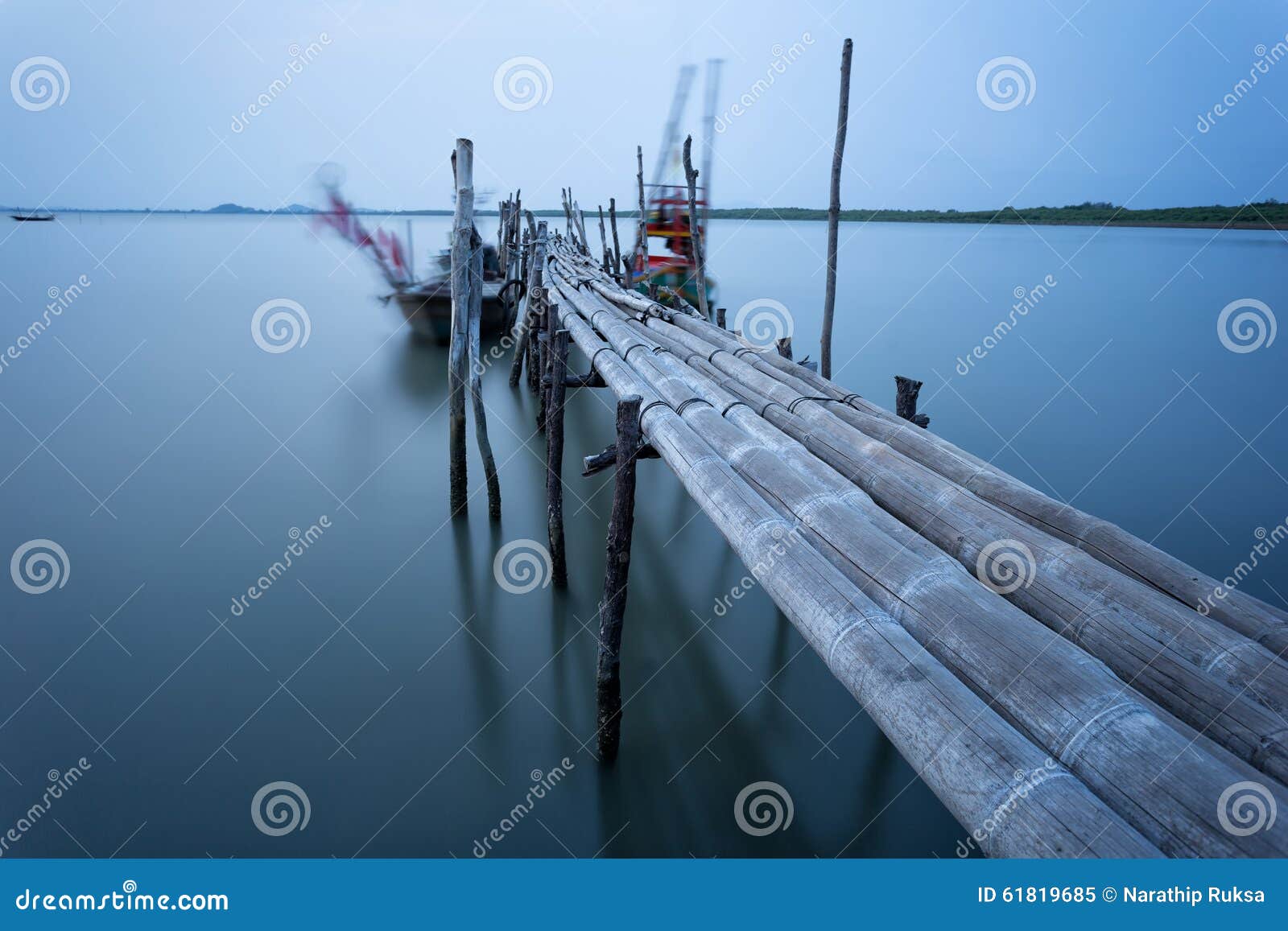 Bamboo Bridge and Moving Fishing Boat Using Long Exposure Techn Stock ...