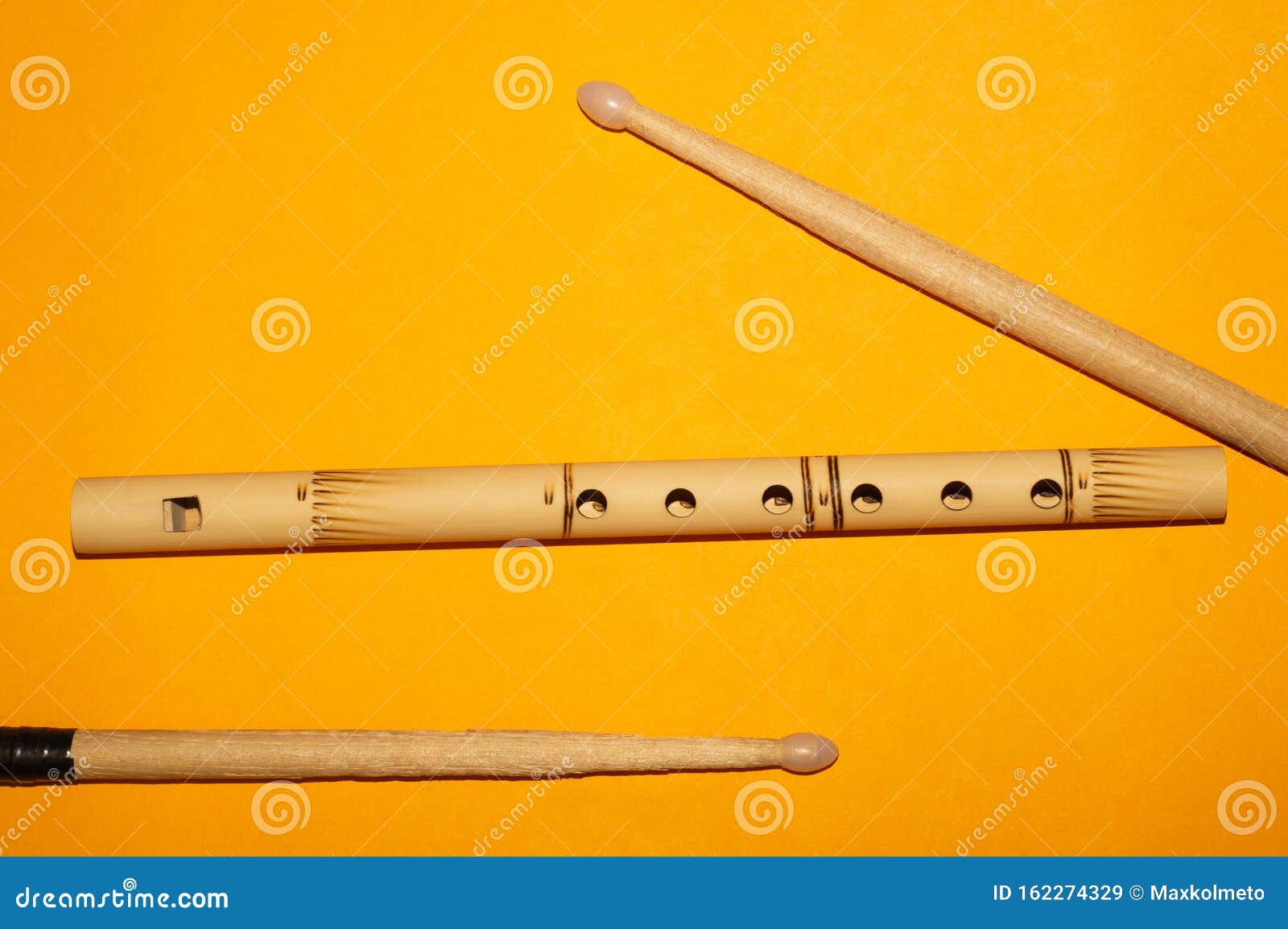 Bamboo Flute and Drumsticks. Simple Music Instruments Stock Image ...