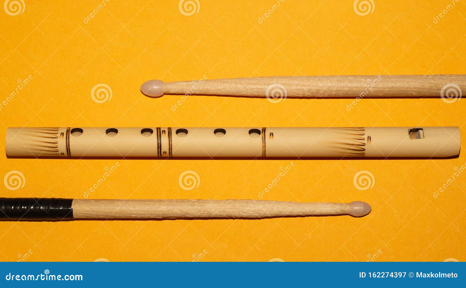 Bamboo Flute and Drumsticks. Simple Music Instruments Stock Image ...