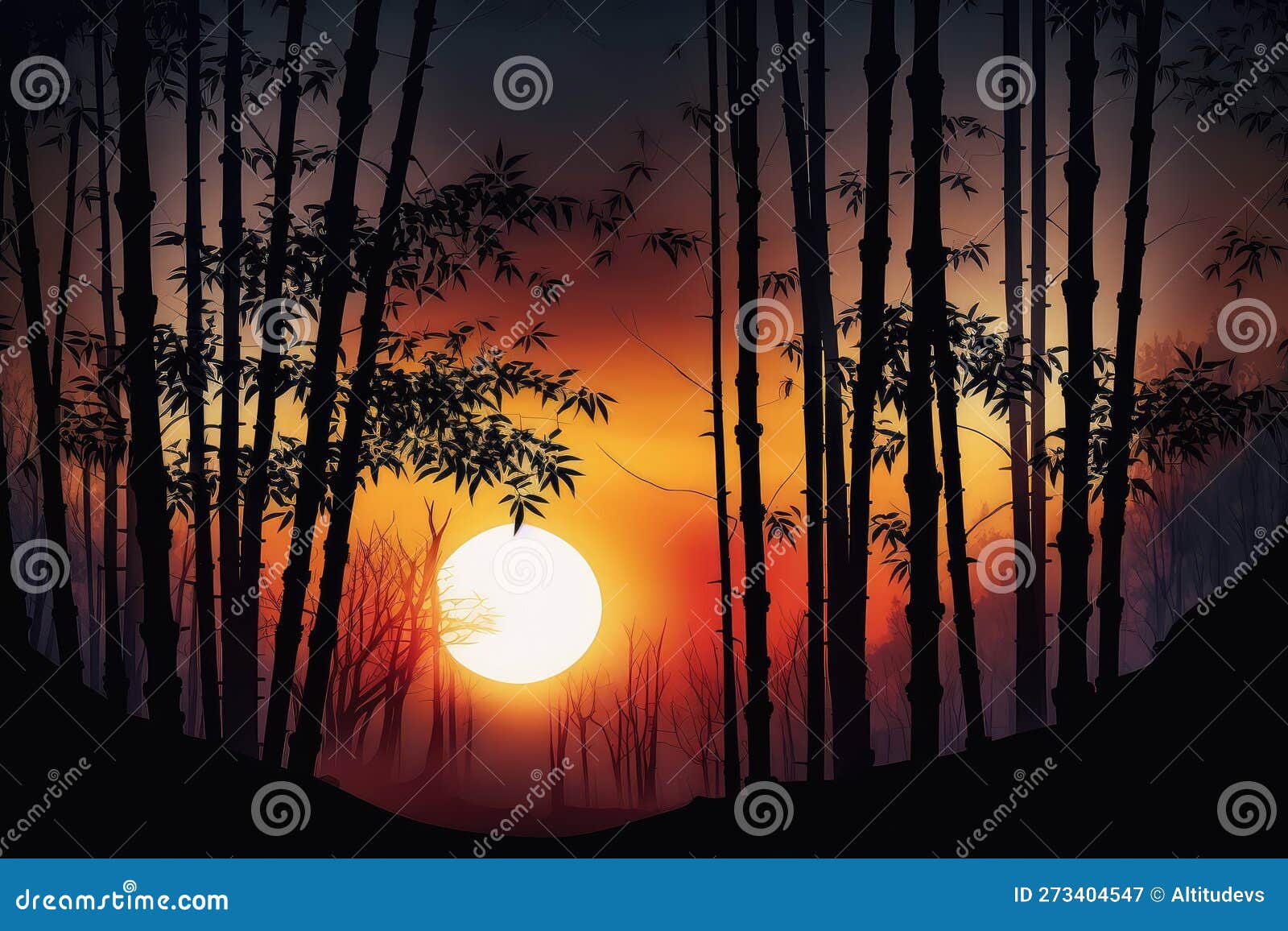 Bamboo Forest with Dramatic Sunset, Silhouetting the Trees and Sky ...