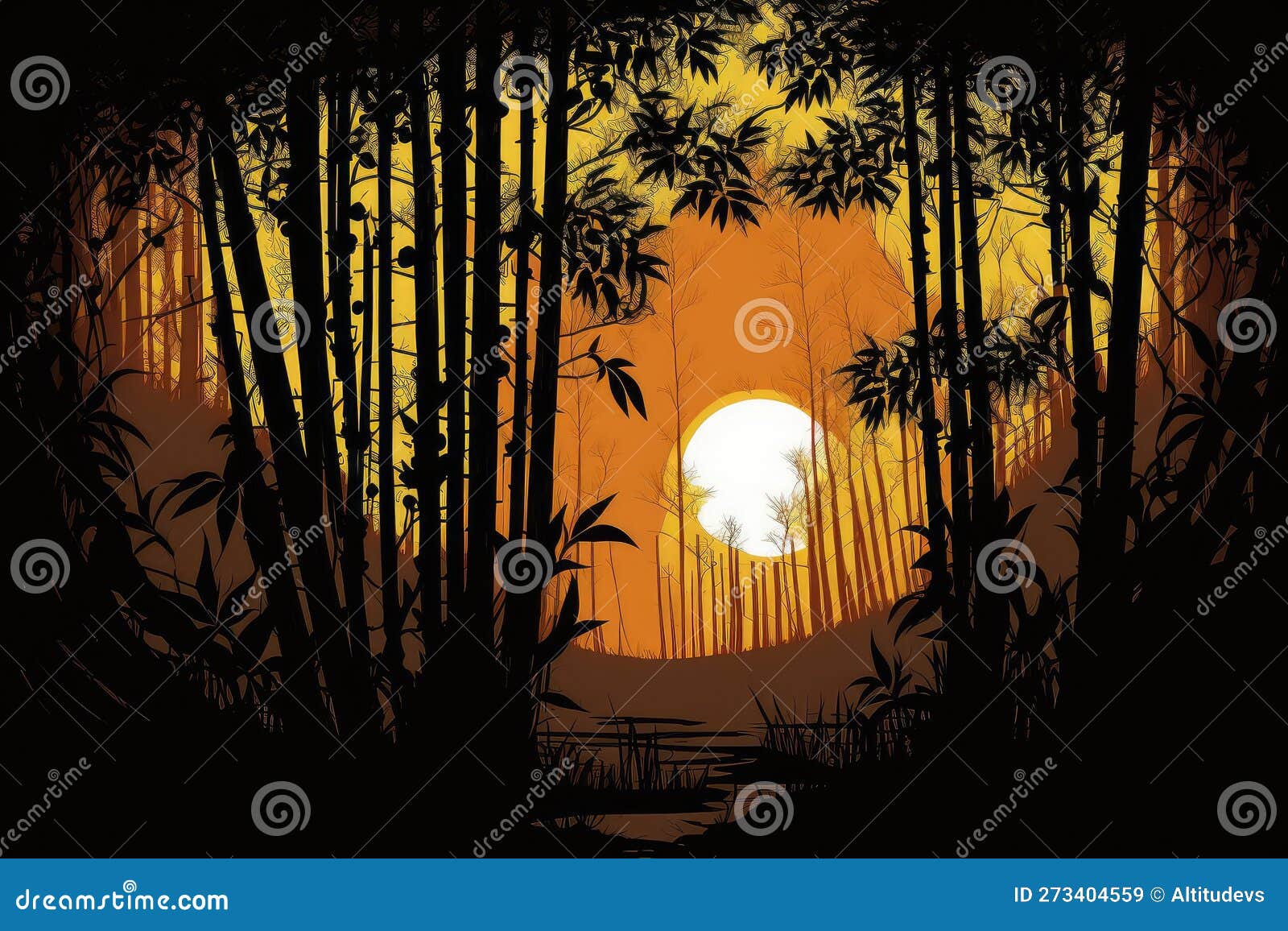 Bamboo Forest with Dramatic Sunset, Silhouetting the Trees and Sky ...