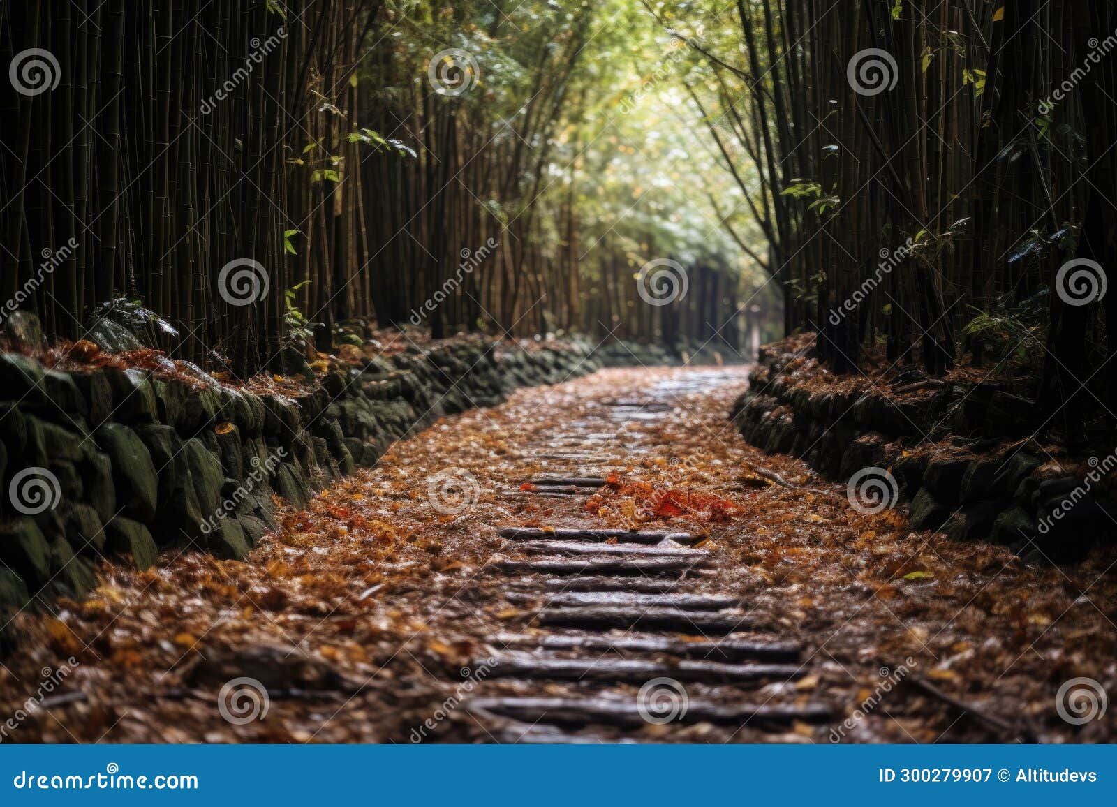Bamboo Forest Path Covered in Fallen Leaves Stock Image - Image of ...