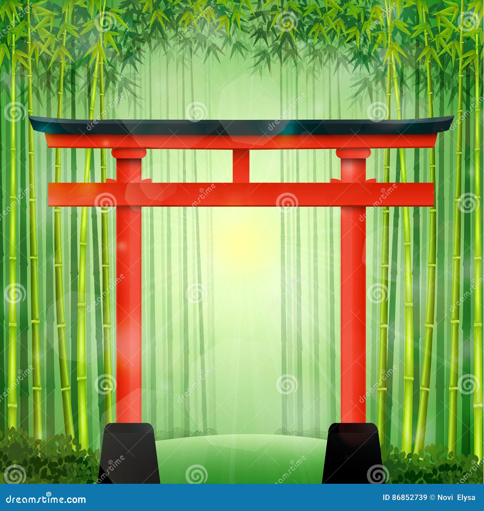Japanese Gate. Torii Gate. Shinto. Vector Illustration Of Sunrise ...