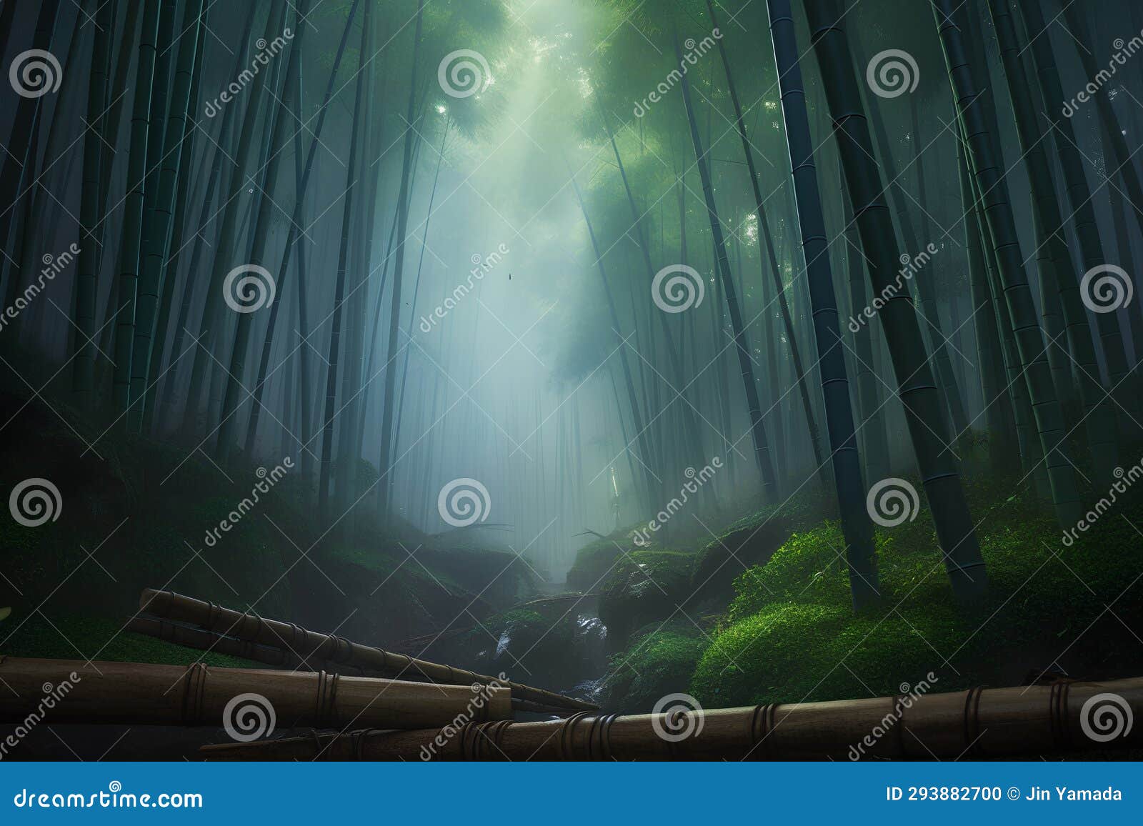 Bamboo Forest and Stream. 3D Render. Fantasy Landscape Stock Photo ...