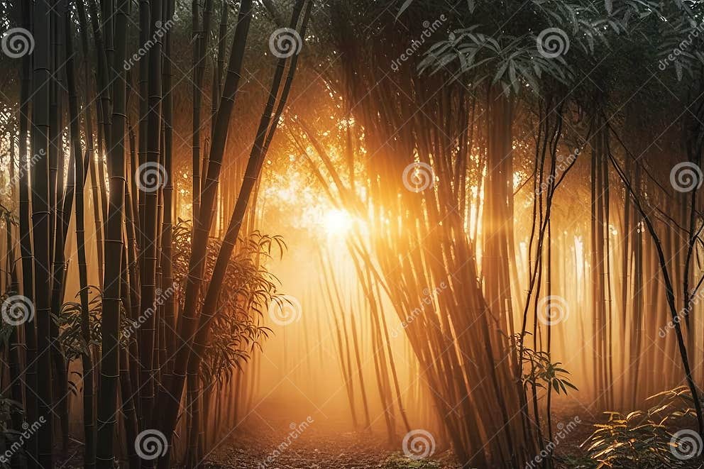 Bamboo Forest at Sunset, with the Setting Sun Casting a Warm Glow Over ...