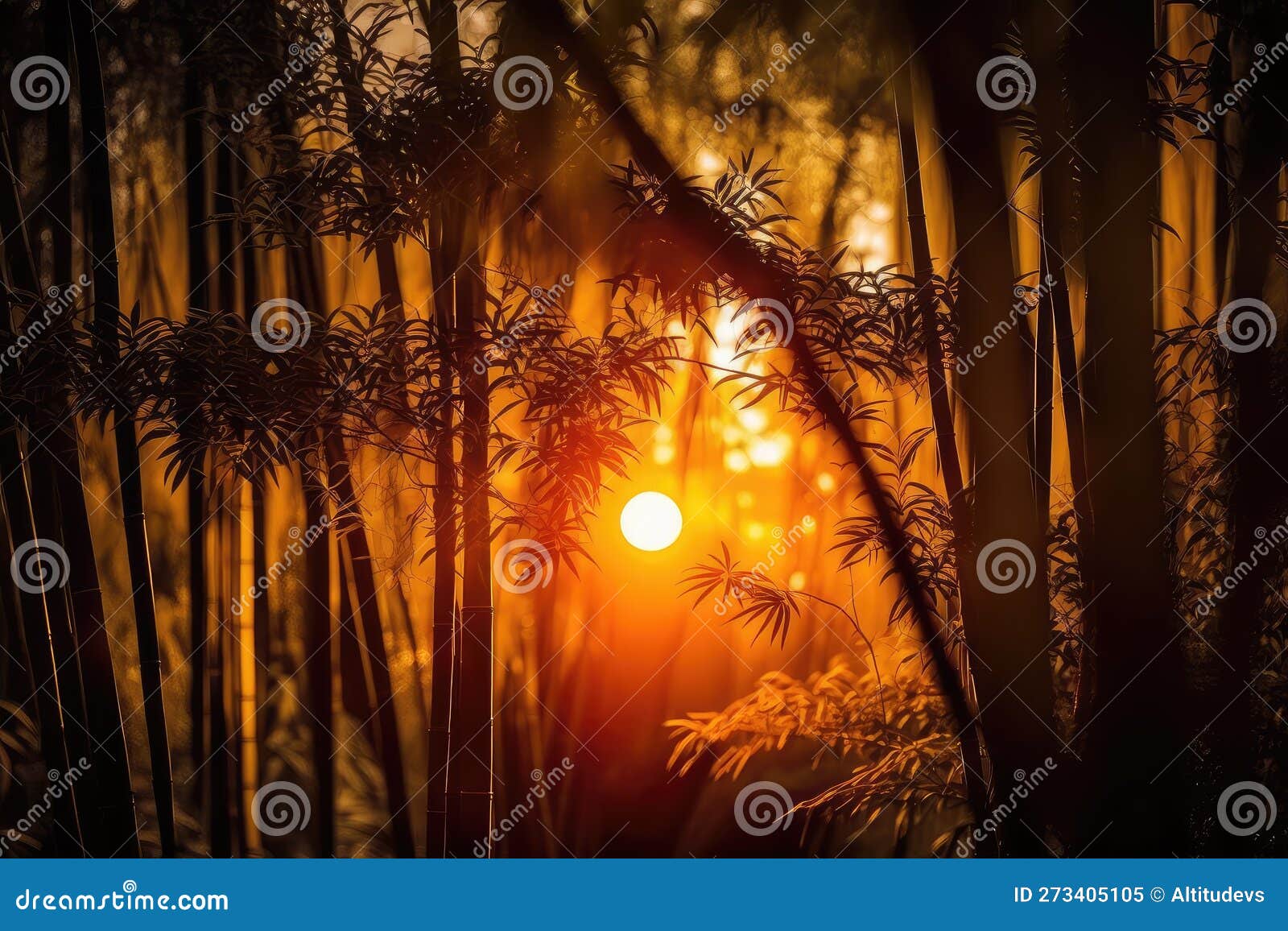 Bamboo Forest at Sunset, with the Setting Sun Casting a Warm Glow Over ...