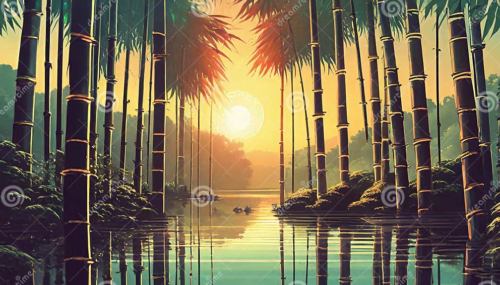 Bamboo forest with sunset stock illustration. Illustration of evening ...