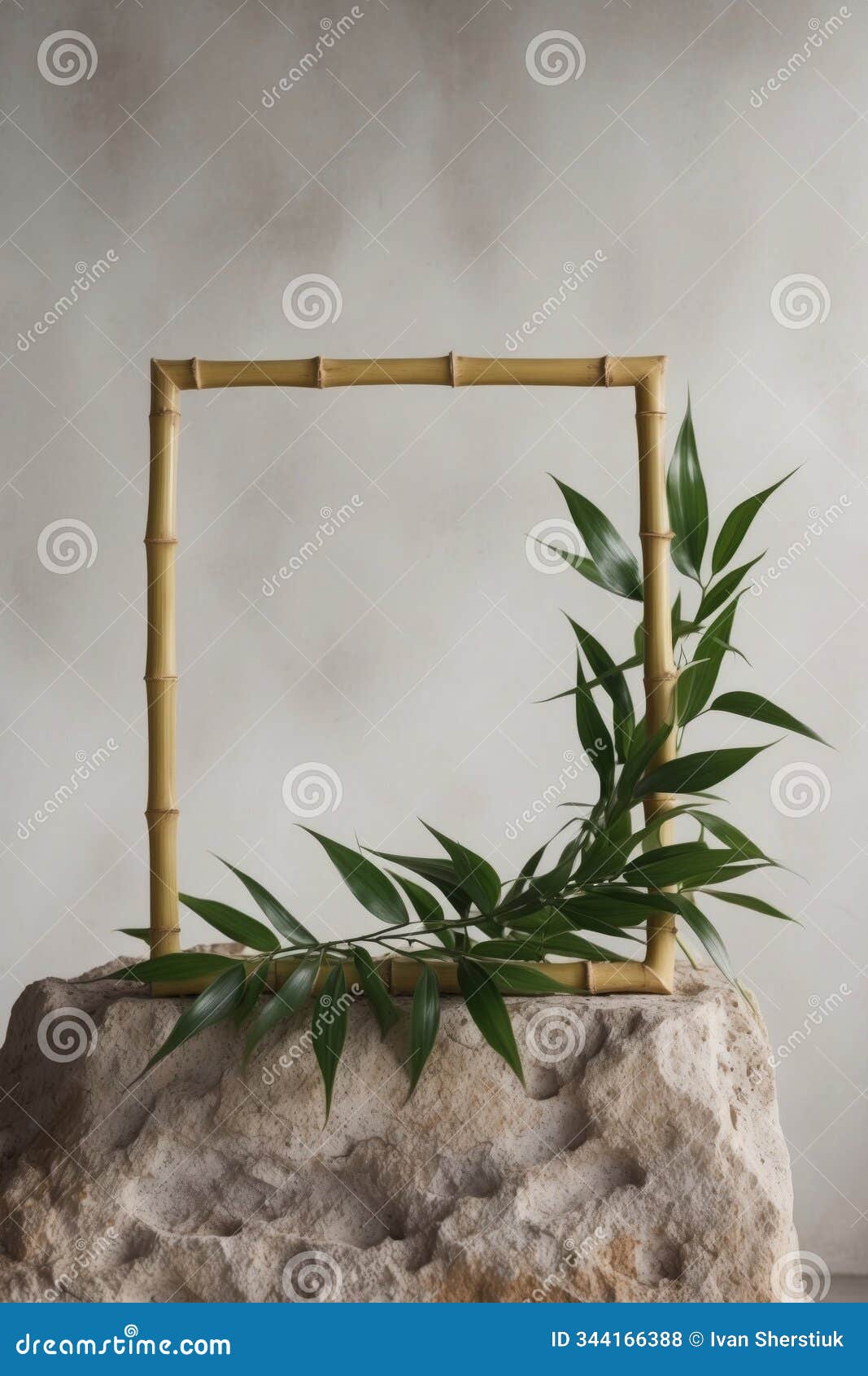 Bamboo Frame with Green Leaves on a Rough Stone Background. Stock Photo ...