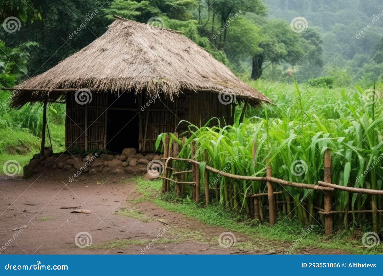 Bamboo Hut with Grass Thatch Roof in Forest Stock Photo - Image of roof ...