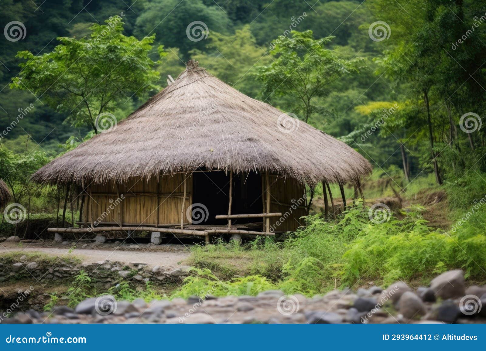 Bamboo Hut with Grass Thatch Roof in Forest Stock Illustration ...