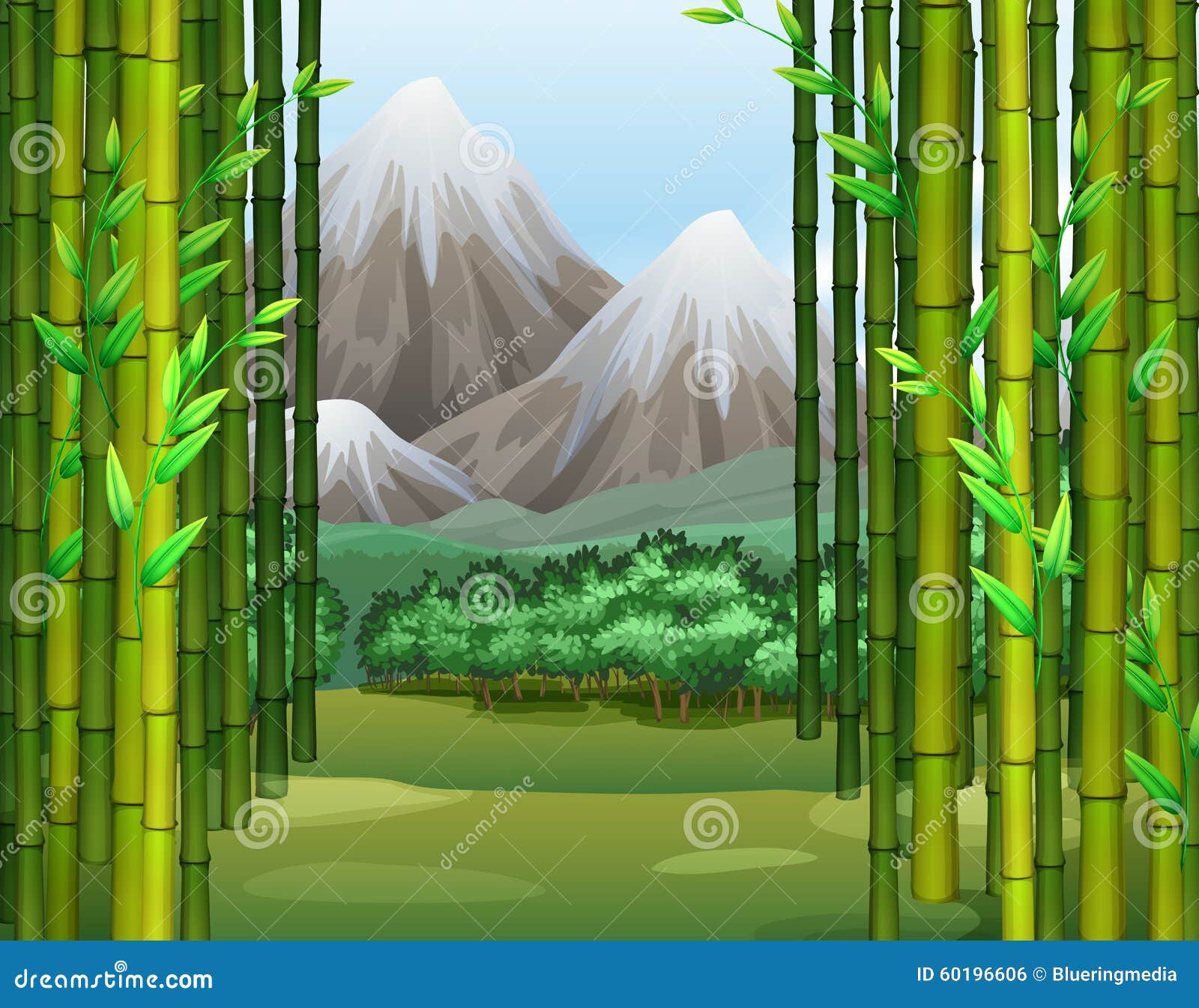 Bamboo Jungle with Mountains Background Stock Vector - Illustration of ...