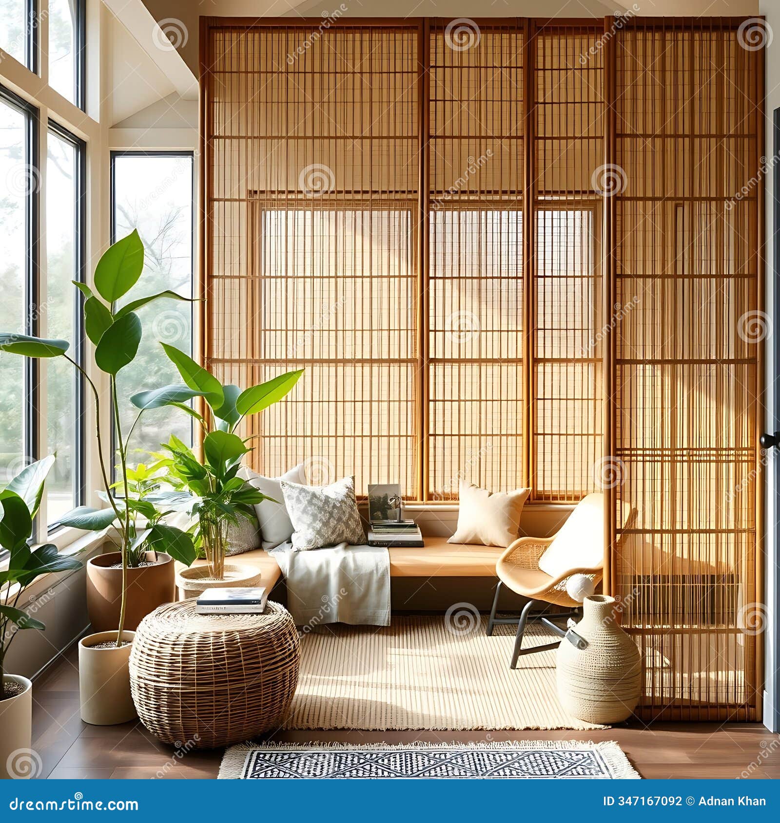 A Bamboo Partition Screen With Natural Textures Separating A Cozy ...