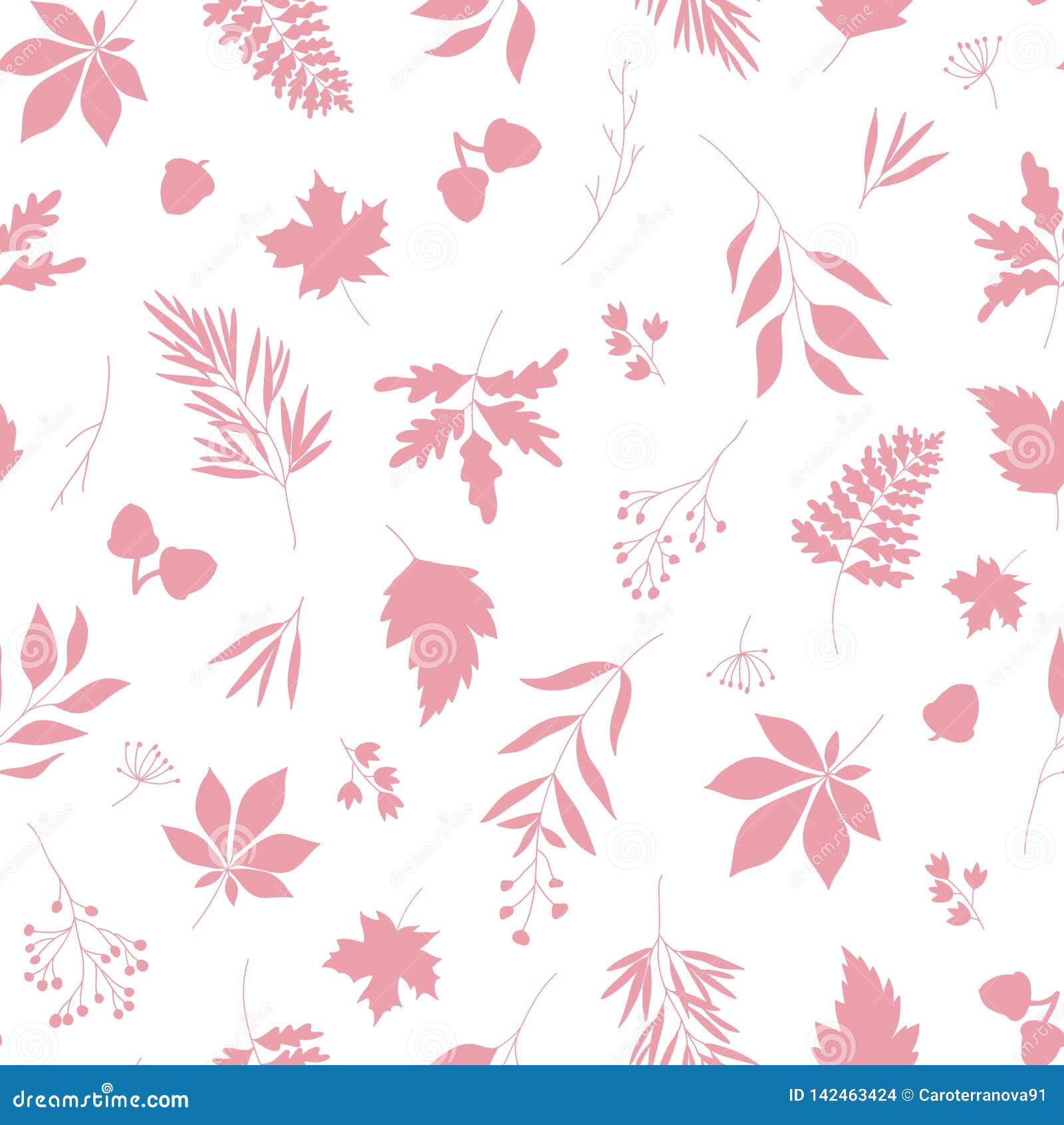 Autumn Pink Leaves Silhouettes Seamless Vector Pattern with White ...