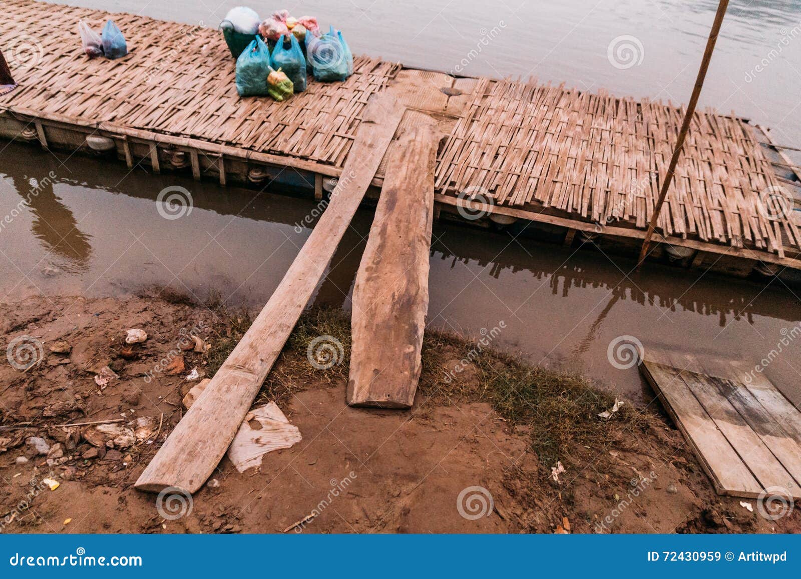 Bamboo Platform in the River at Luang Prabang, Laos Stock Image - Image ...