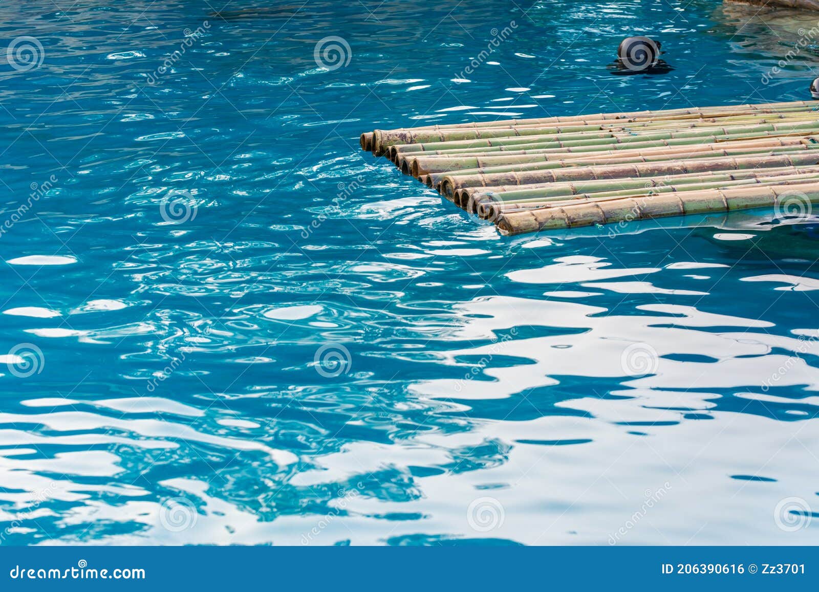 Bamboo raft on blue pool stock photo. Image of river - 206390616