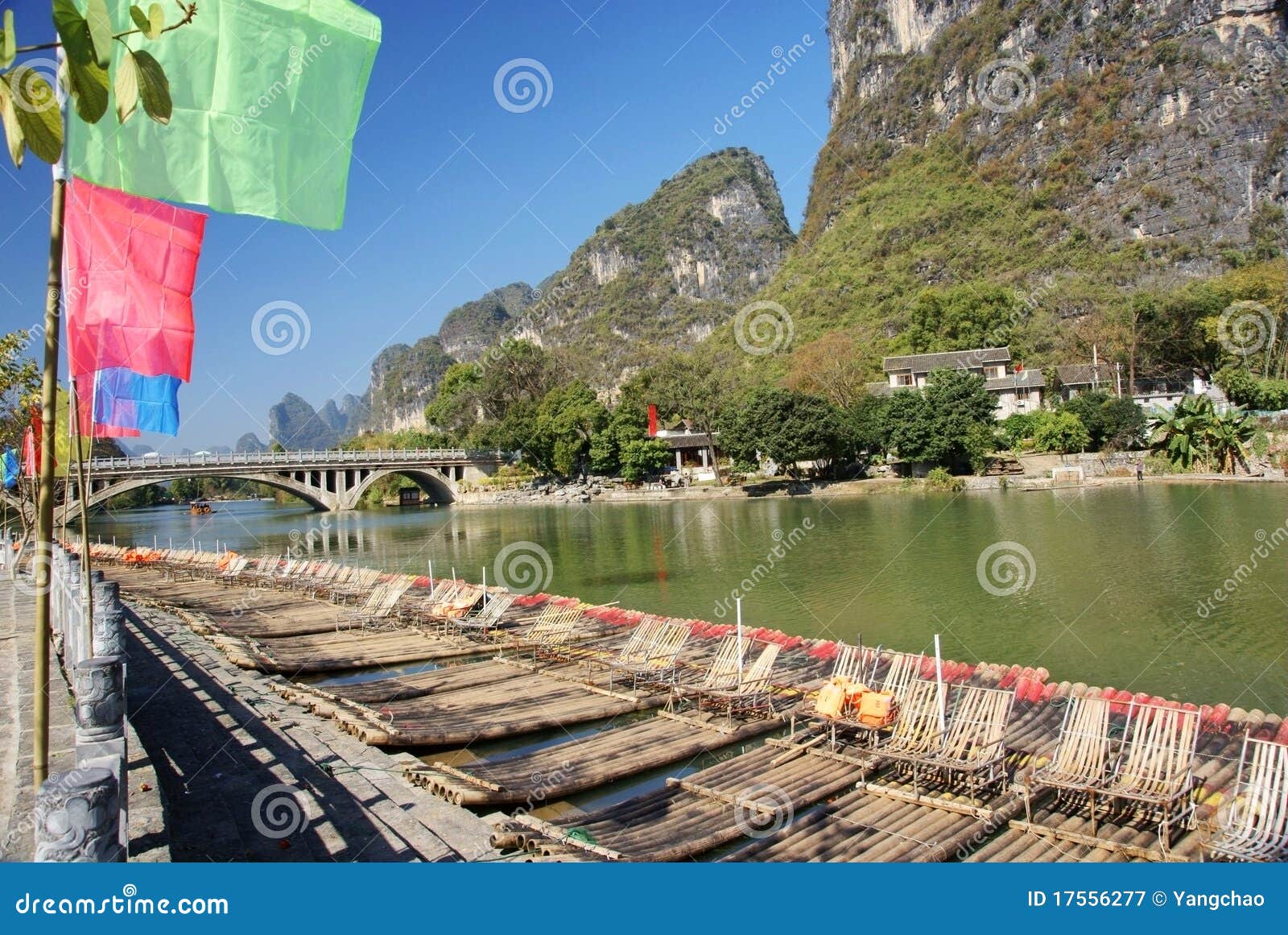 Bamboo Raft Coloured Flags and Li River Stock Image - Image of asia ...