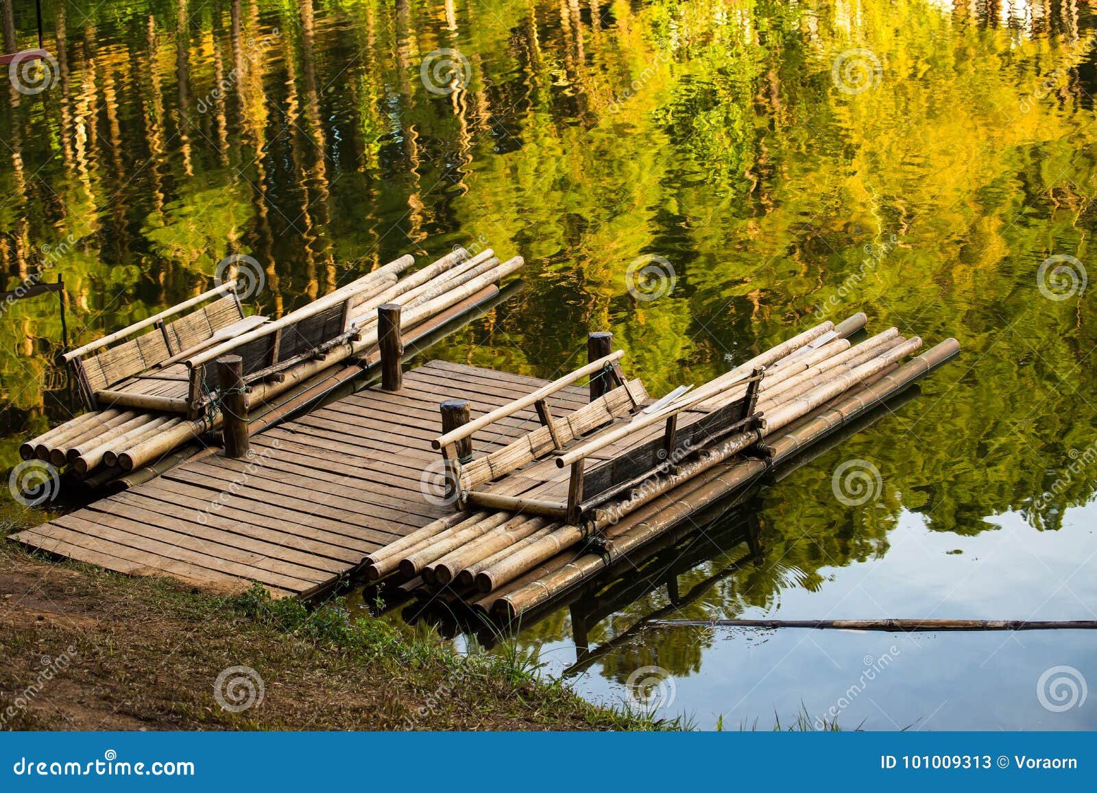 Bamboo Raft Float beside the Bank Stock Image - Image of flow, nature ...
