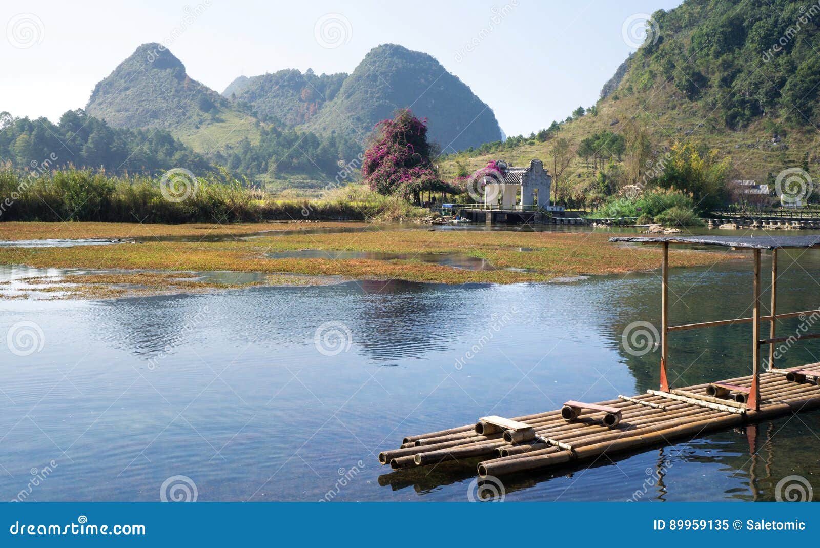 Bamboo Raft Floating on a River with Stock Image - Image of hill ...