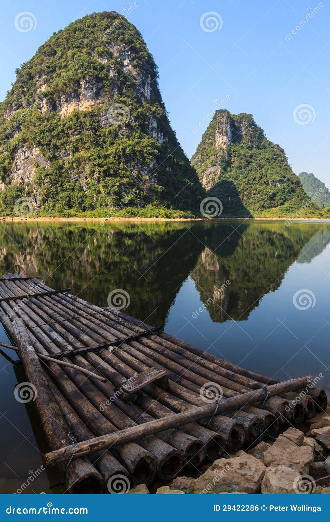 Bamboo Raft at Li River with Limestone Hills Stock Photo - Image of ...