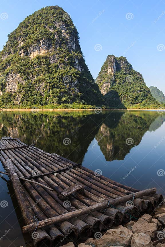 Bamboo Raft at Li River with Limestone Hills Stock Photo - Image of ...