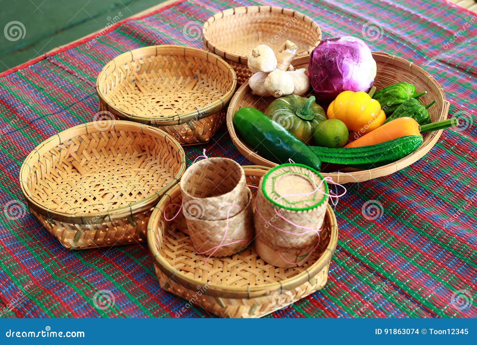 Bamboo Sticky Rice Container, Handmade Bamboo Basket for Thai St Stock ...