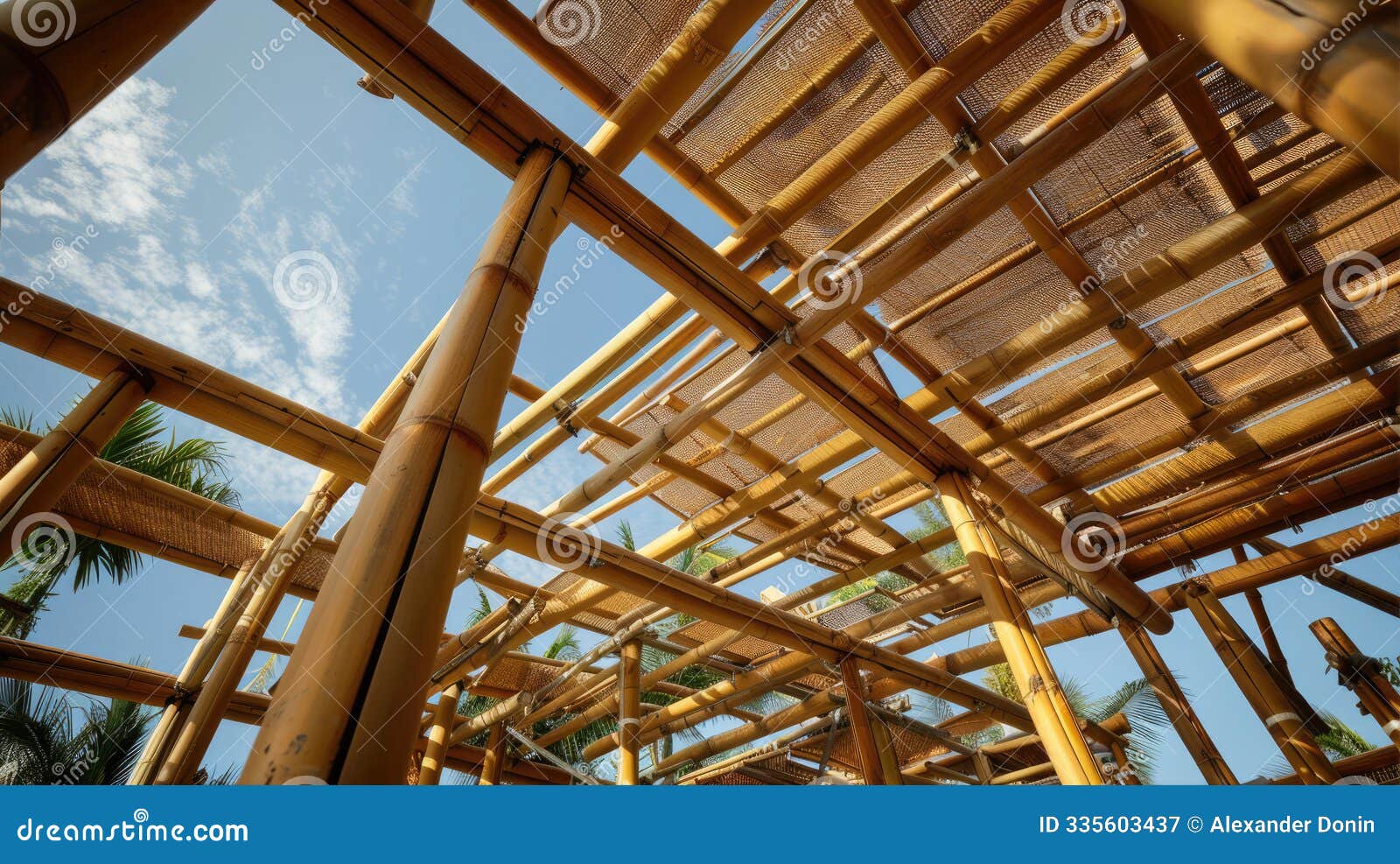 Bamboo Structure Under Blue Sky with Clouds Stock Image - Image of building, ecofriendly: 335603437
