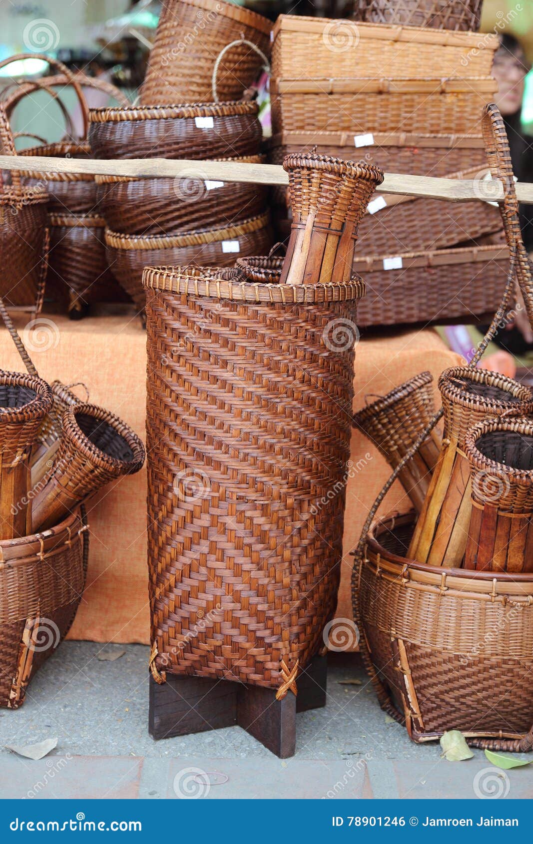 Bamboo Wicker in the Market Thai. Stock Photo - Image of pile, picnic ...