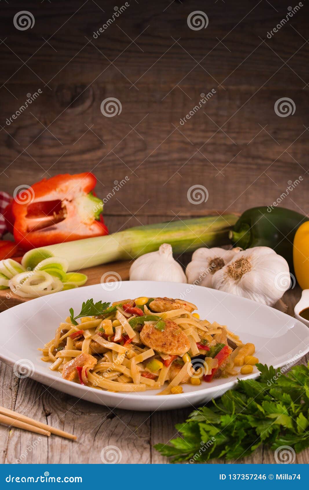 Bami goreng. stock photo. Image of chow, meat, noodles - 137357246