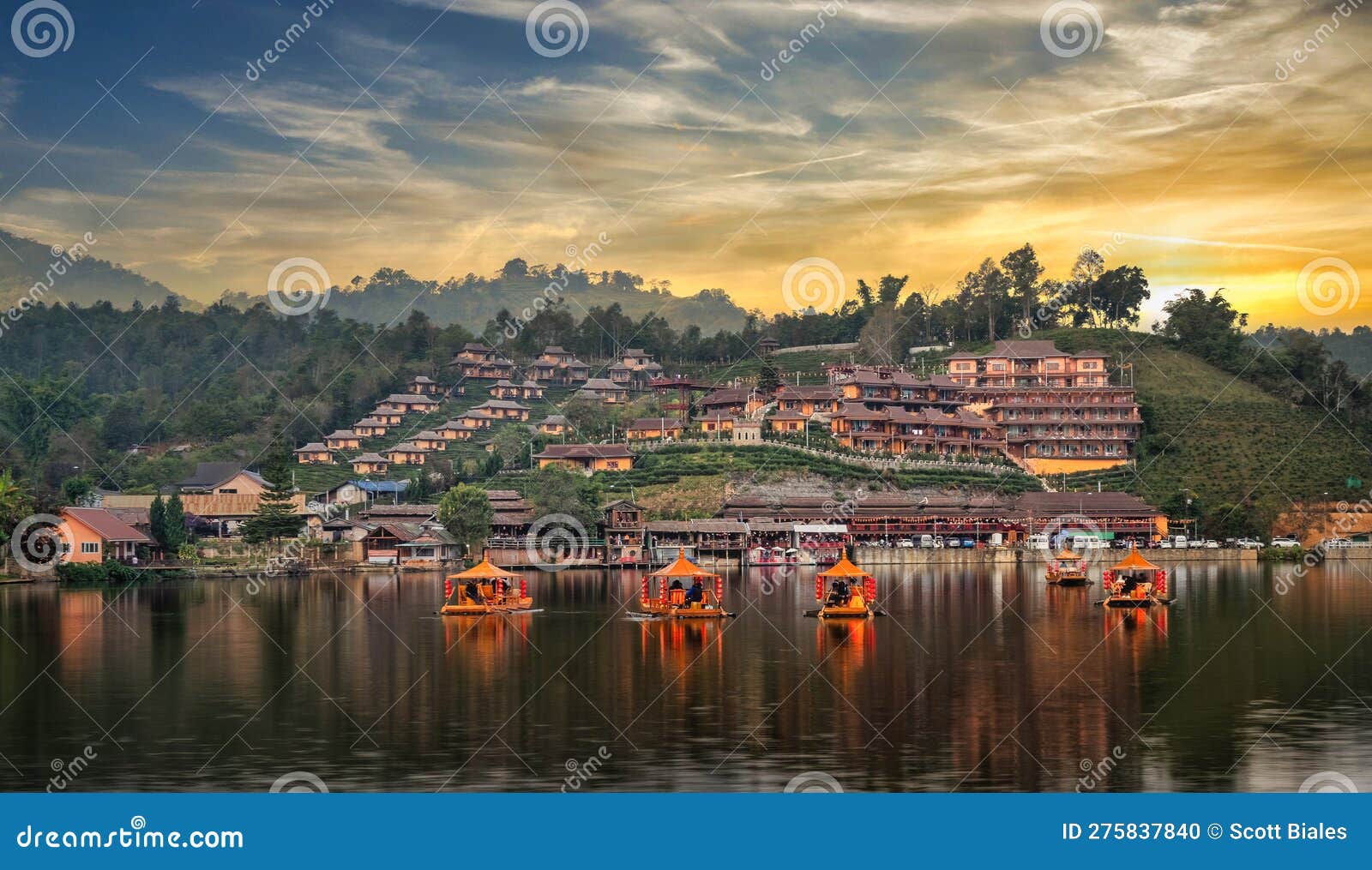 Ban rak thai stock photo. Image of tree, sunset, lake - 275837840