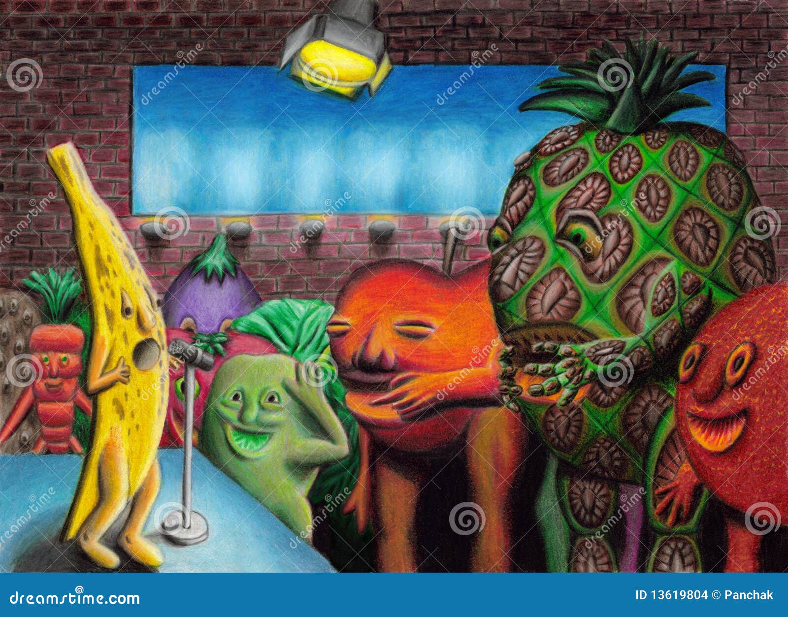 Comedy Club Stage With Brick Wall Backdrop, Spotlight Illuminating The ...