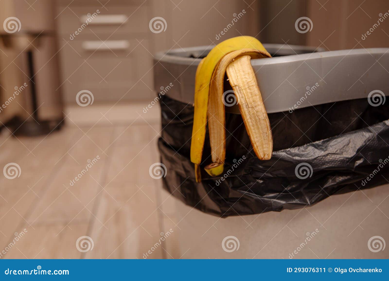 Banana peel in a trash bin stock image. Image of fruit - 293076311