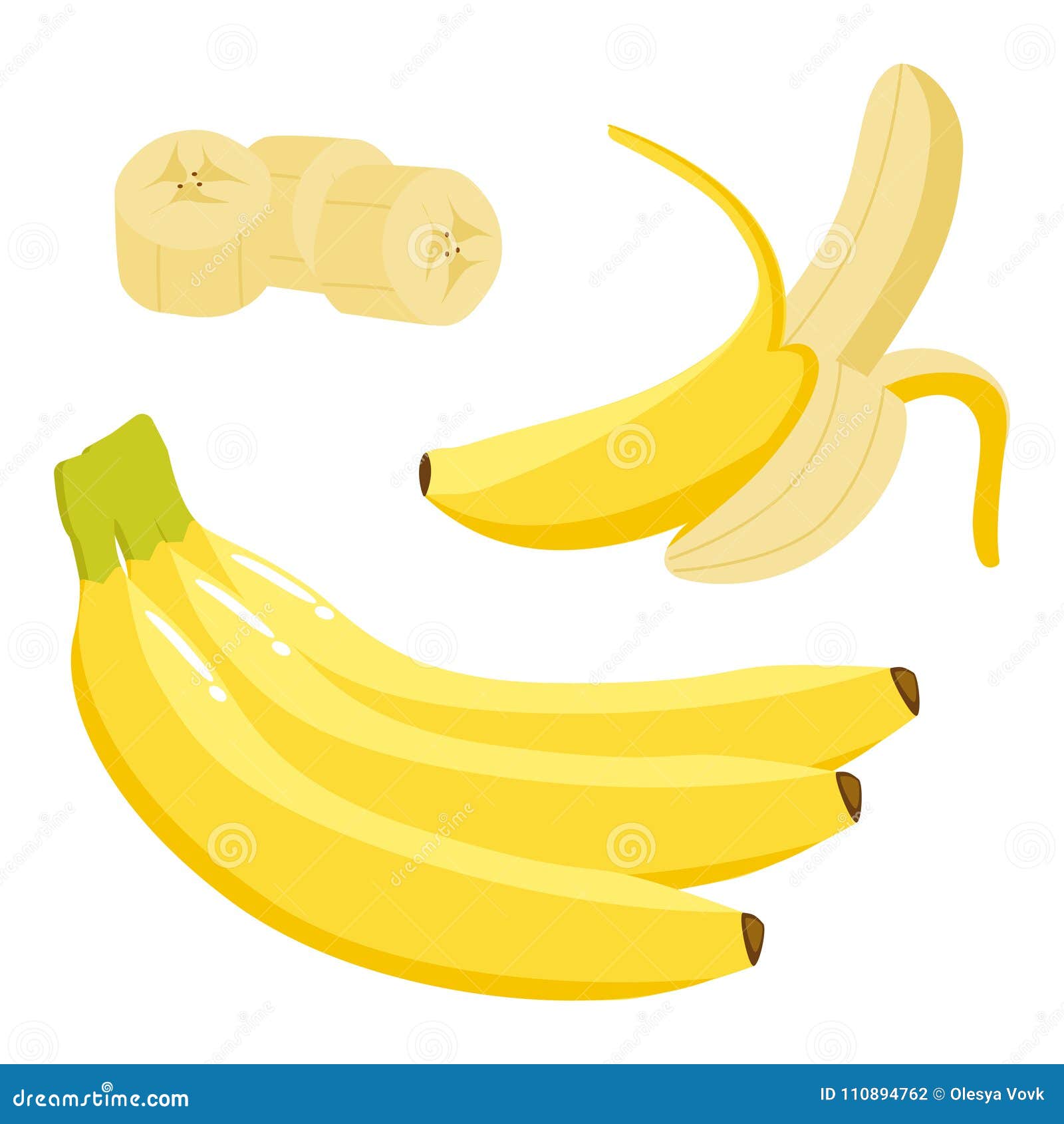 Banana Set. Bunch, Single, Peeled and Sliced. Vector Illustration Stock ...