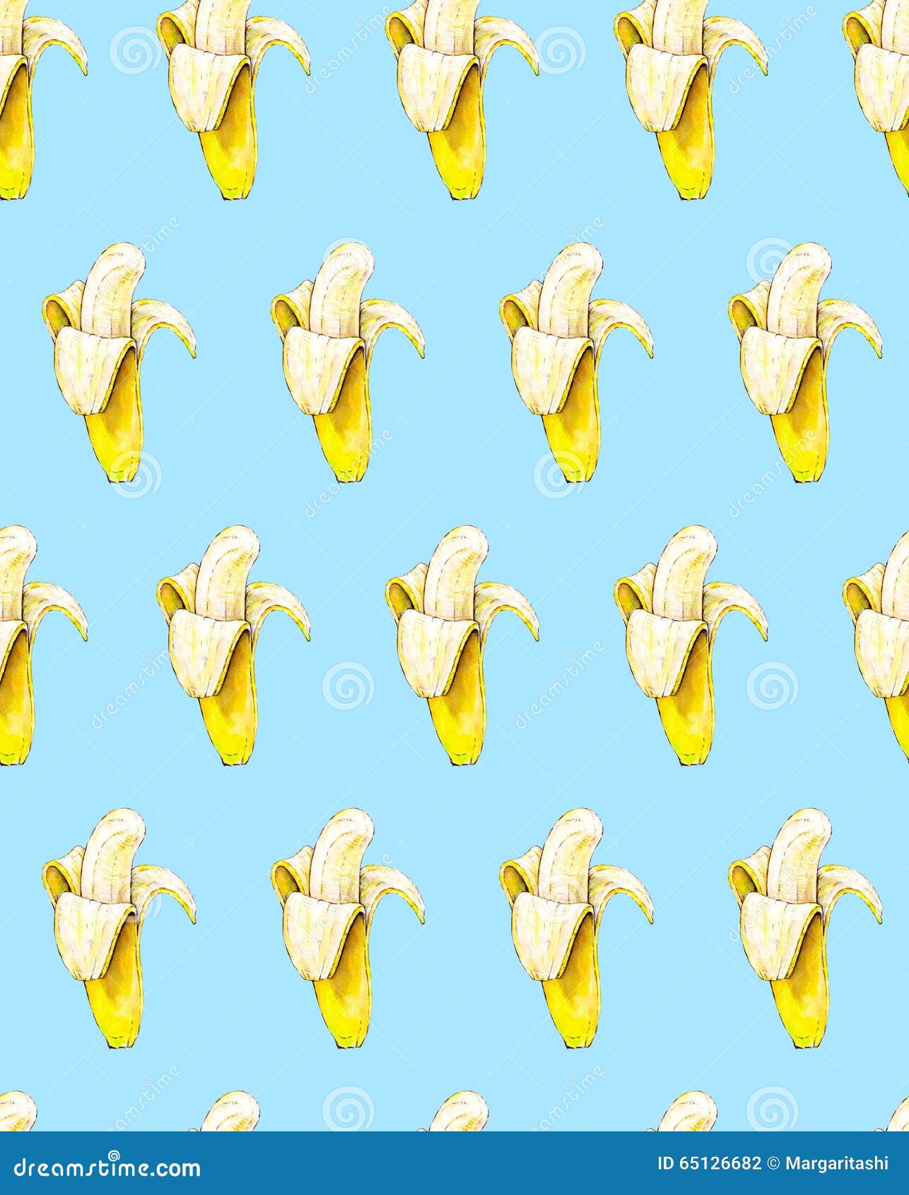 Bananas On Blue Background. Seamless Pattern. Watercolor Illustration ...