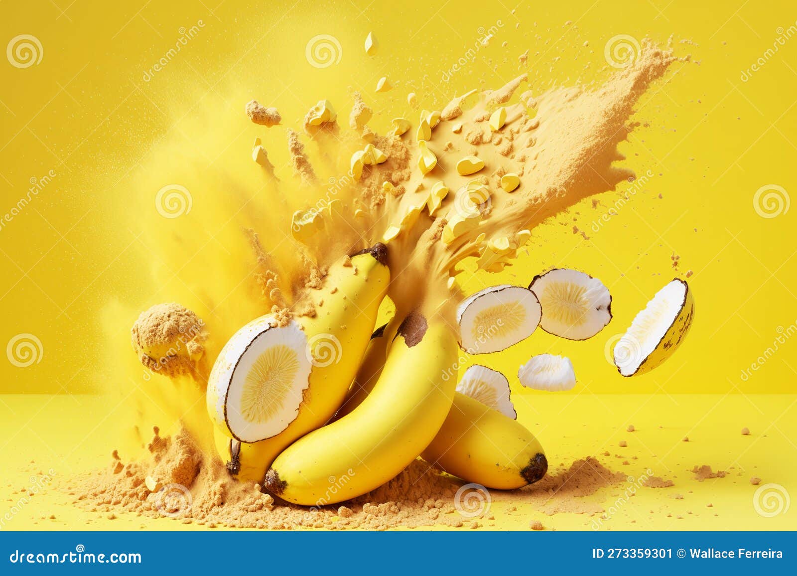 Bananas Exploding with Flying Yellow Colored Powder. Generative AI ...