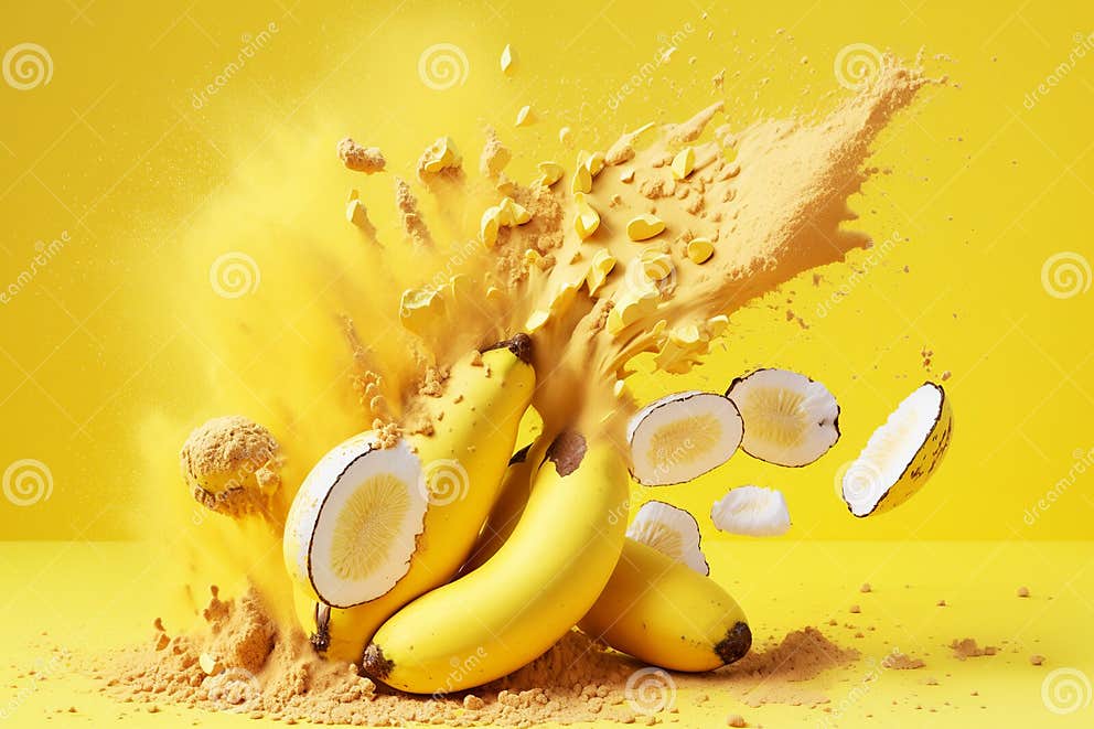 Bananas Exploding with Flying Yellow Colored Powder. Generative AI. Stock Illustration ...