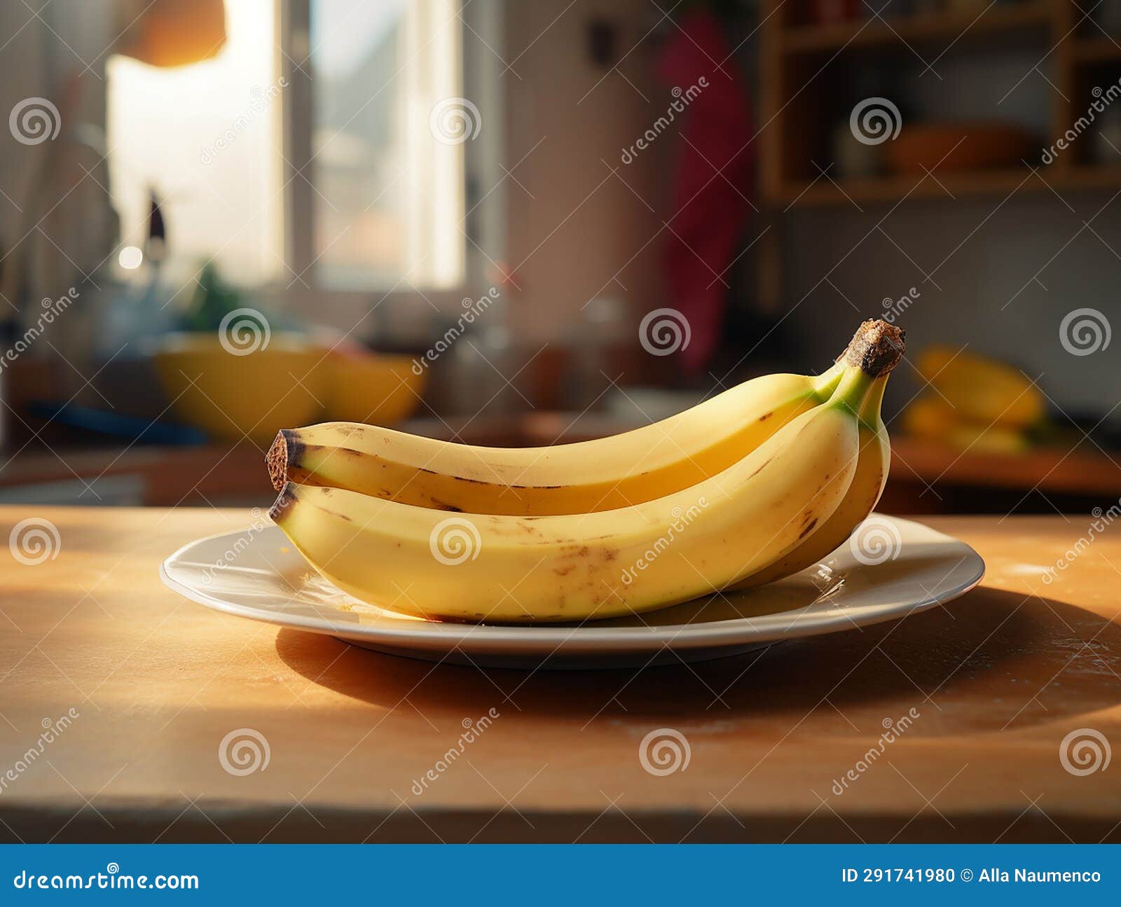 Bananas on Plate on Table in Kitchen Stock Illustration - Illustration ...