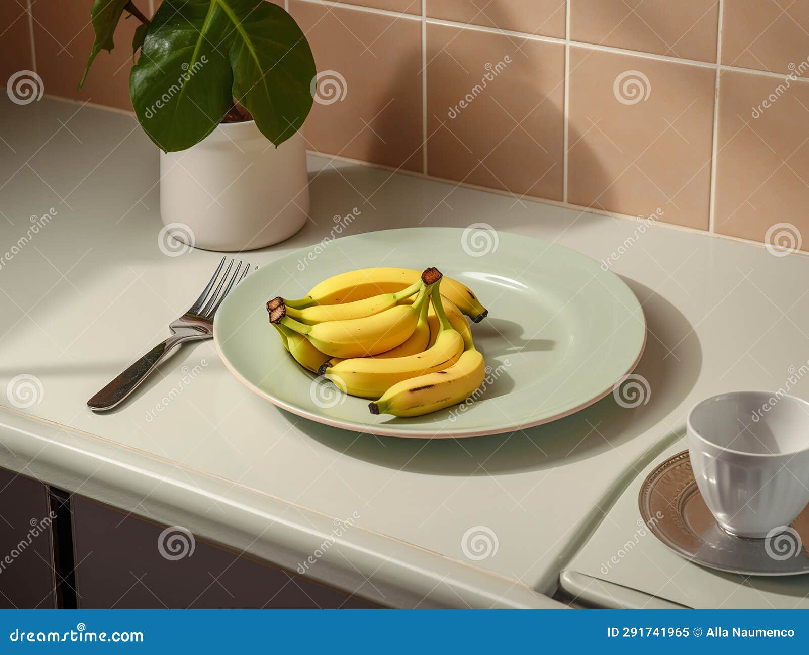 Bananas in Plate on White Kitchen Table Stock Illustration ...