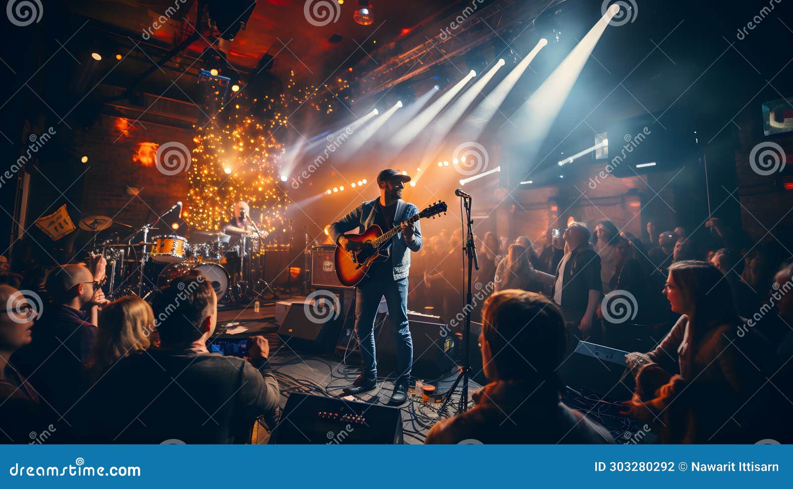 A Band in a Pub is Performing on Stage. with the Audience Surrounding ...