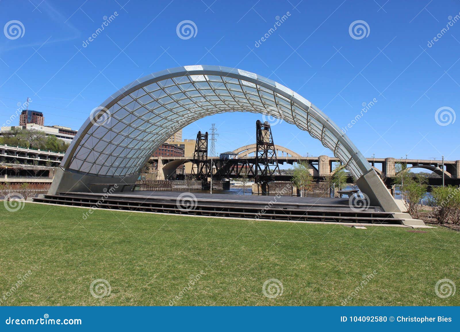 A Band Shell Frames a Lift Bridge Stock Photo - Image of shadows, grey ...