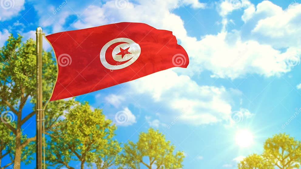Bandeira Da Tunísia No Dia Ensolarado Símbolo Da Atmosfera Limpa Natureza 3d Ilustração Foto De