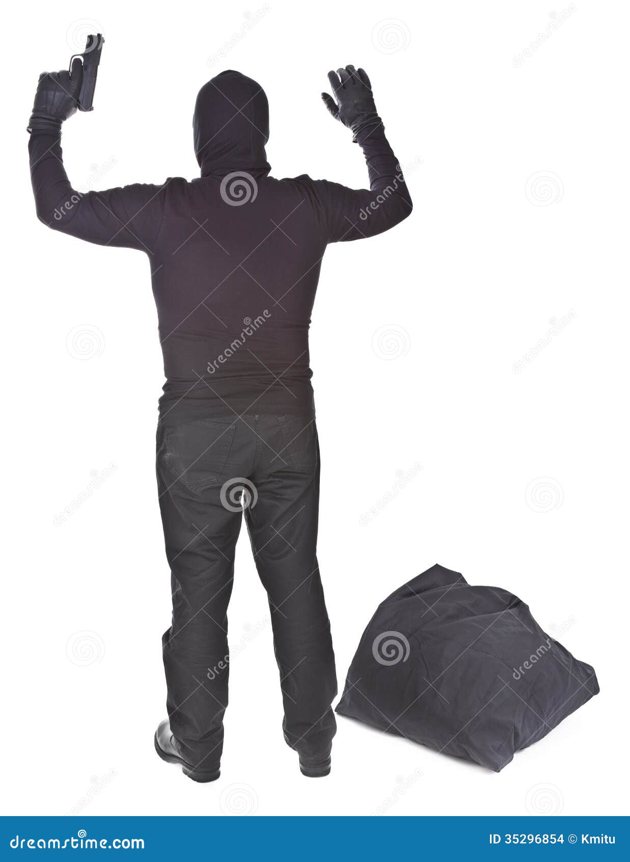 Surrendering Criminal Wearing Face Mask And Black Hoody Holding His ...