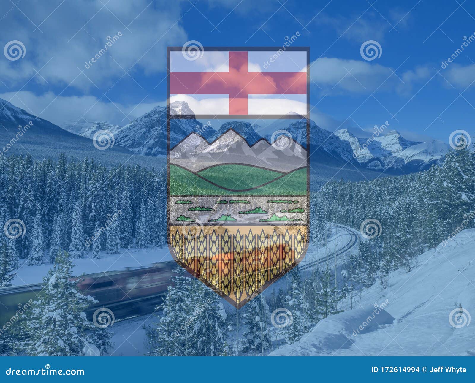 Banff Mountains and Alberta Flag Composite Stock Photo - Image of ...