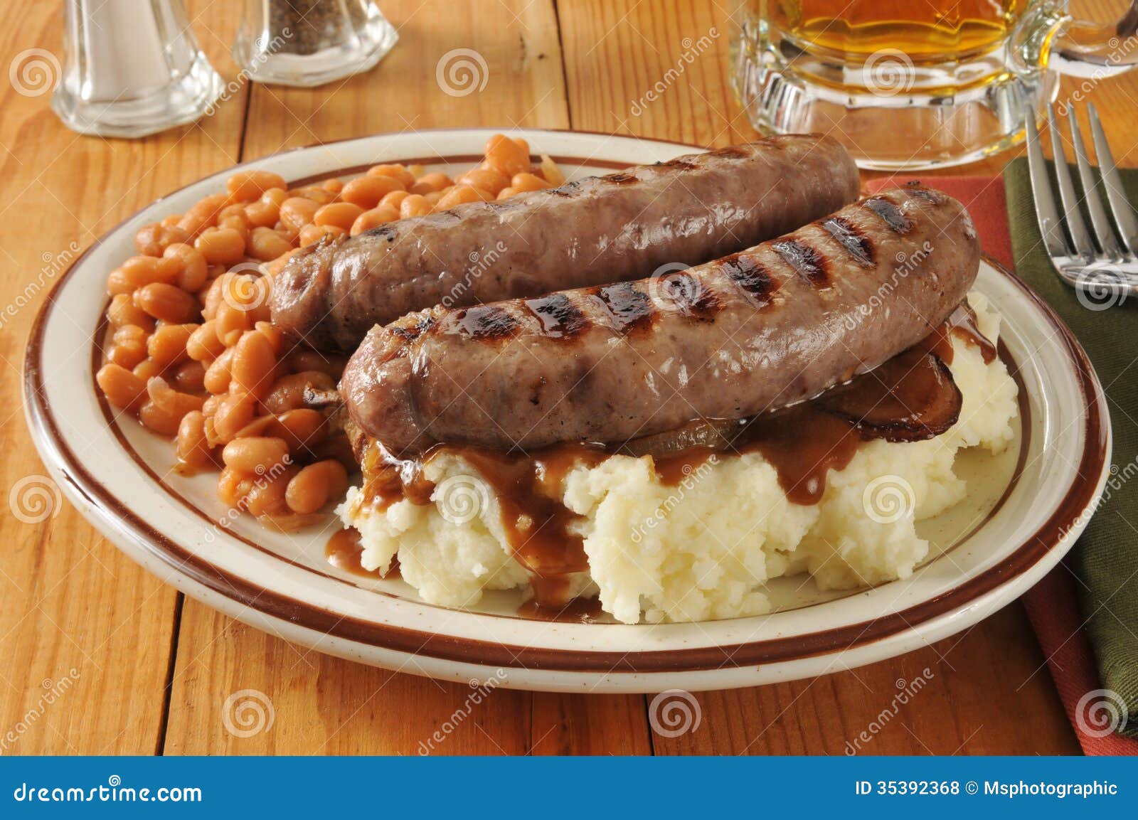 Bangers and Mash with Baked Beans Stock Photo - Image of beer, beans ...
