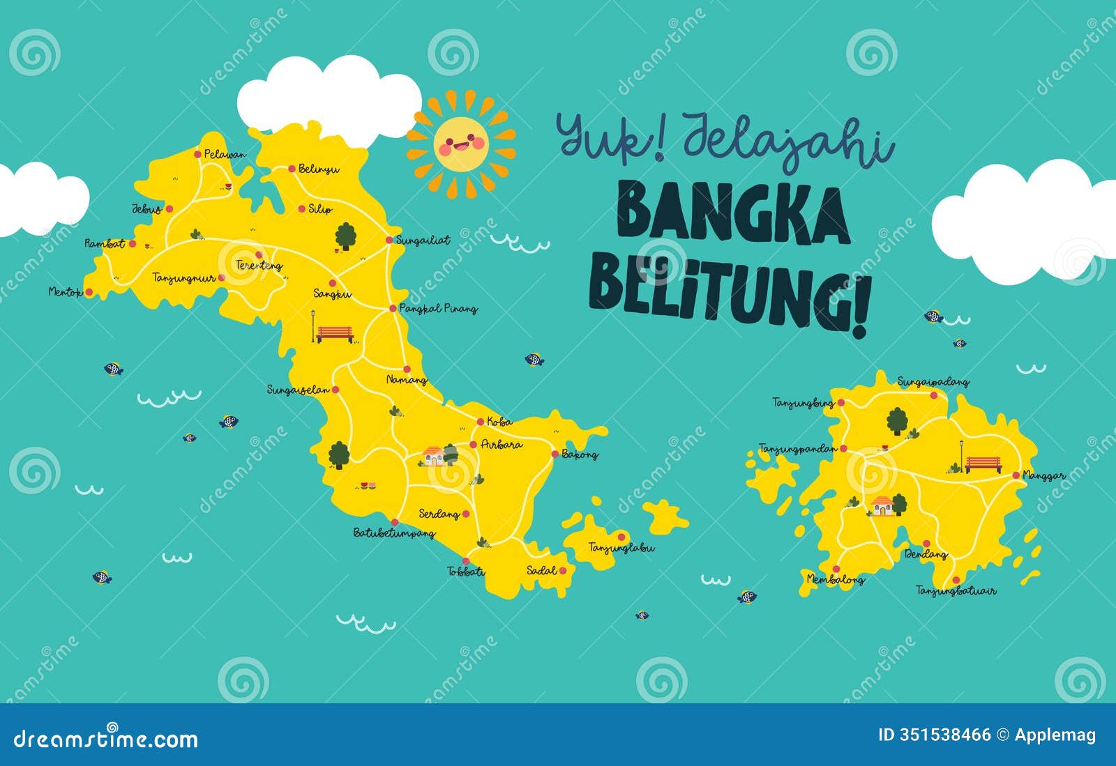 Colorful Indonesia Province, Bangka Belitung Map Featuring State Names ...