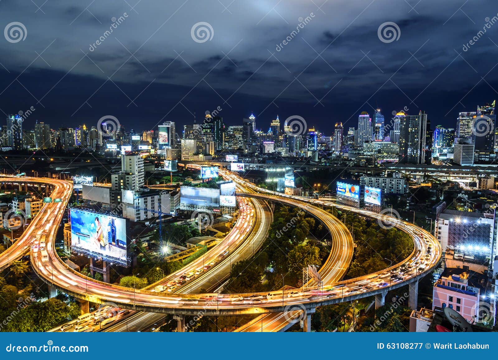 Bangkok Expressway And Highway Top View, Night Scene With Traffic Light ...
