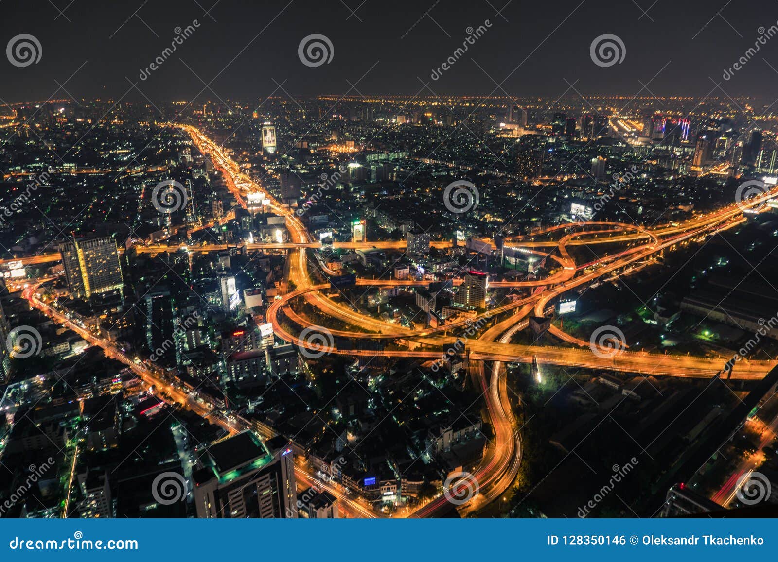 Bangkok Expressway And Highway Top View, Night Scene With Traffic Light ...