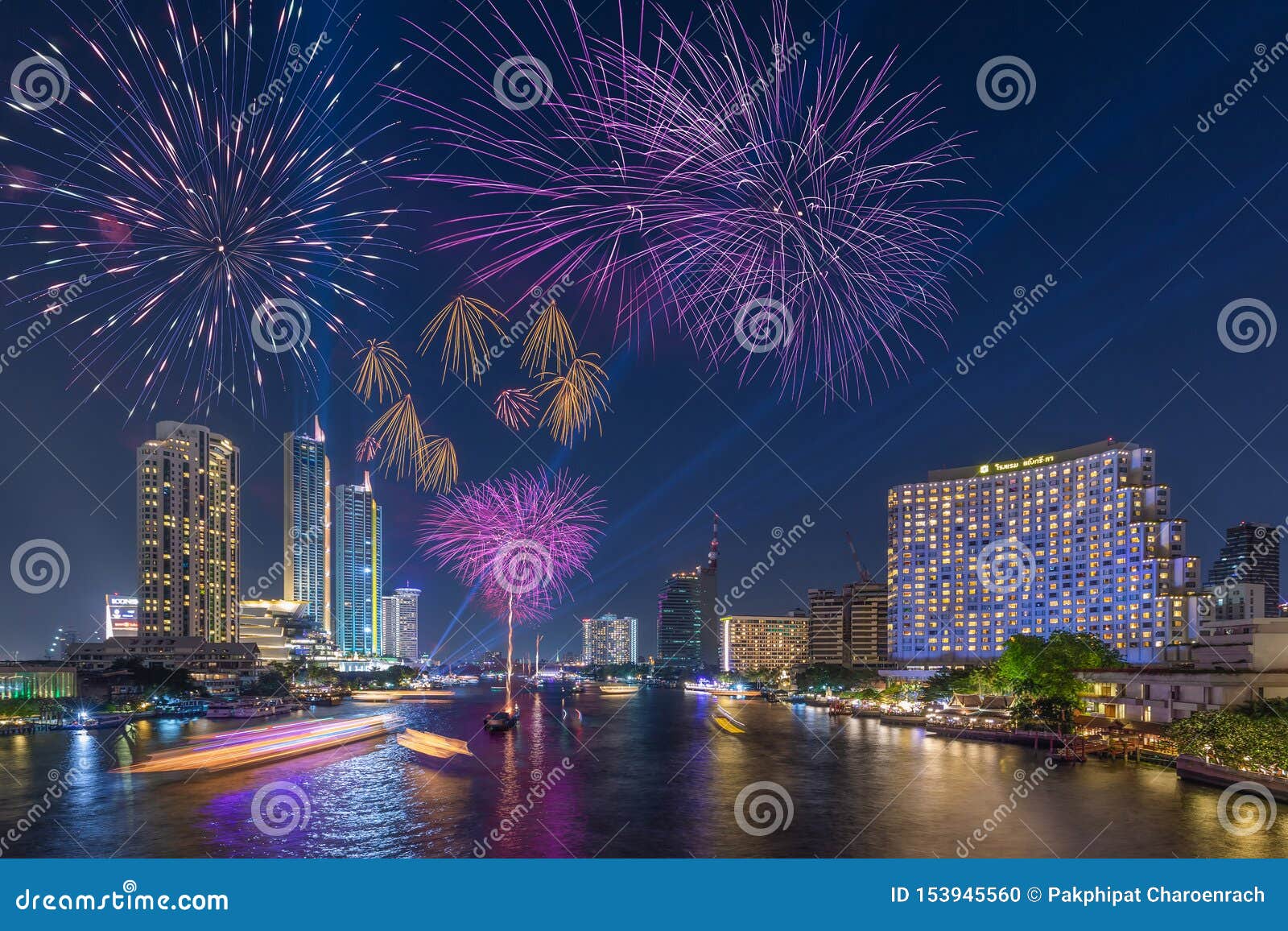 Bangkok, Thailand - Dec 31, 2018: Multicolor Firework Exploding Over ...